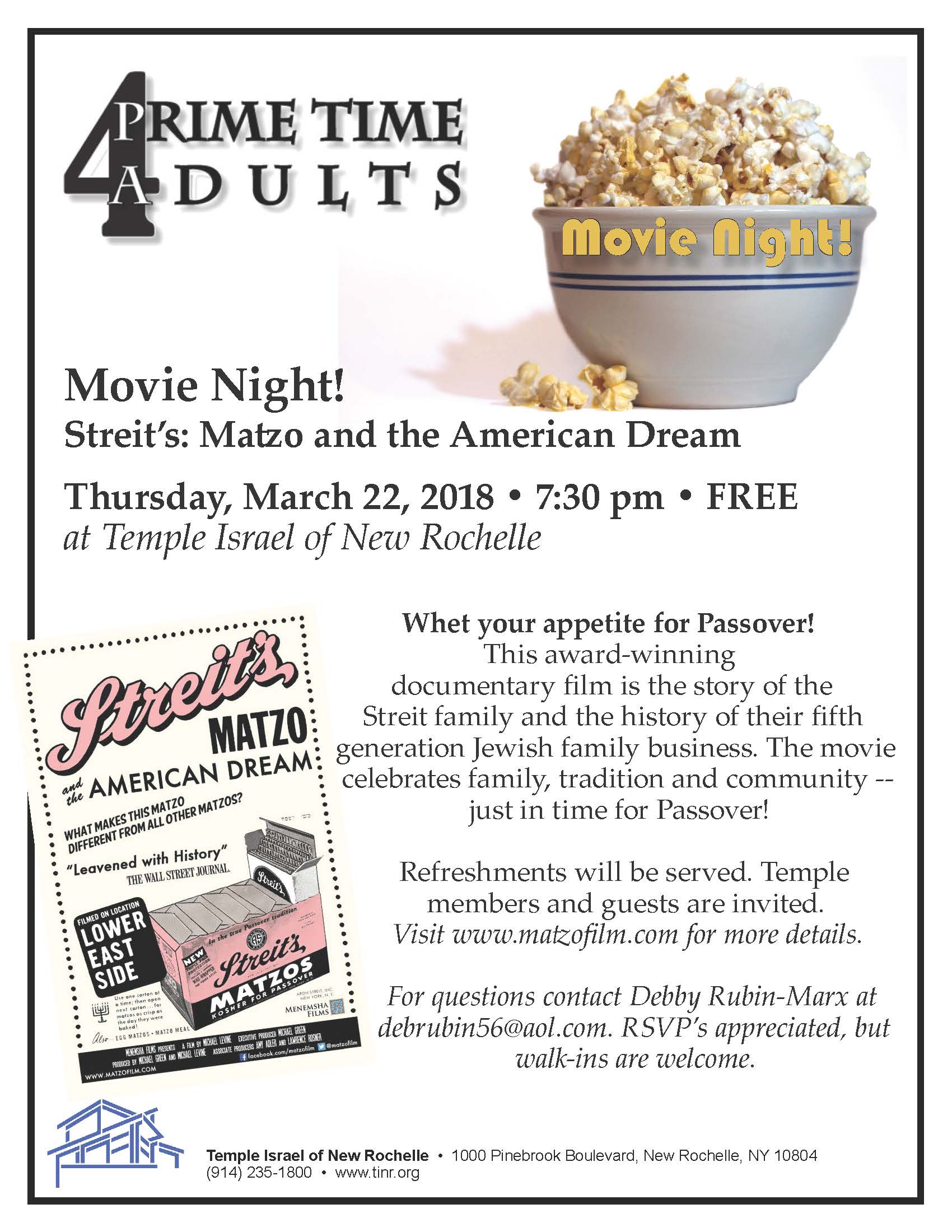 Temple Israel of New Rochelle Prime Time 4 Adults Movie Night! - Talk ...
